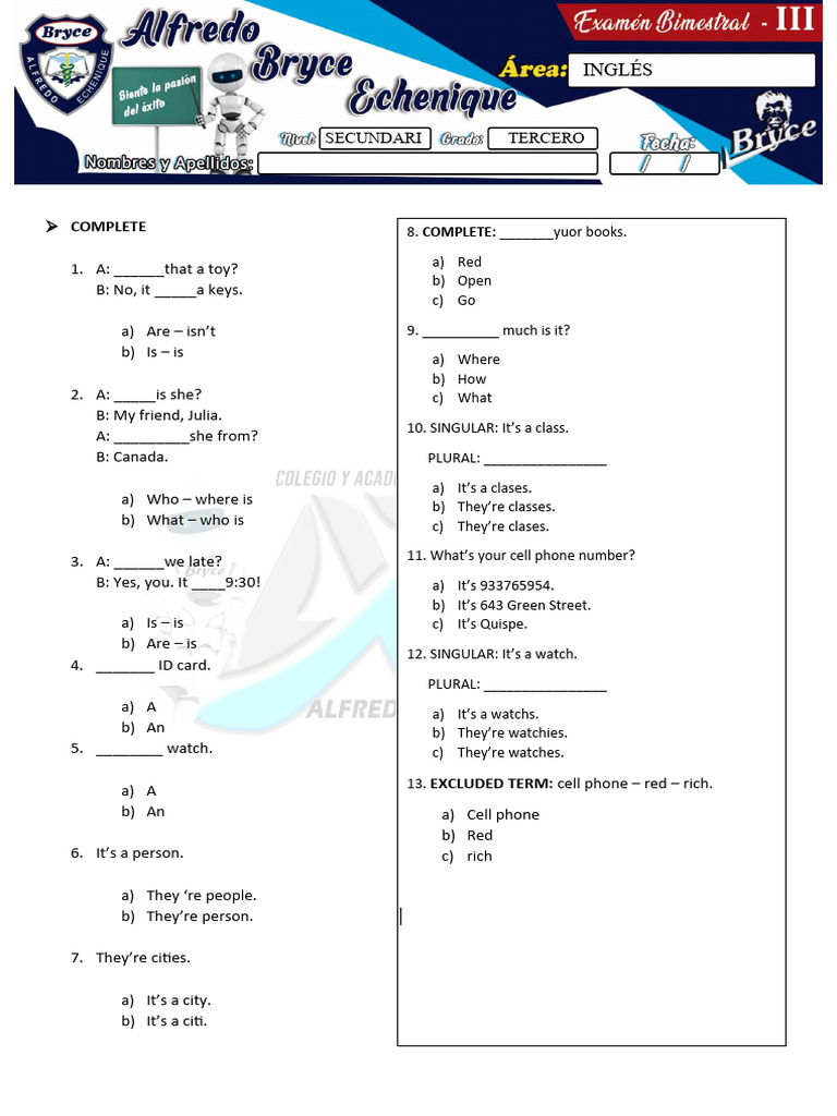 3rd Secundary Exam English | PDF | Language Arts & Discipline