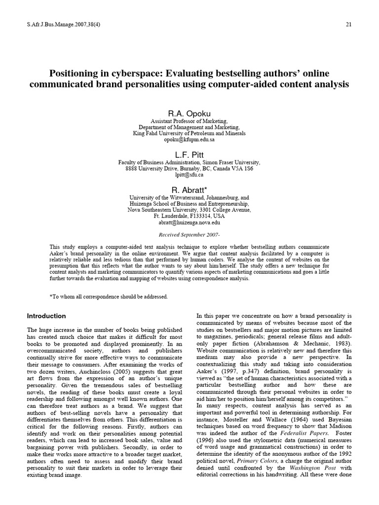 Positioning in Cyberspace: Evaluating Bestselling Authors' Online Communicated Brand ...