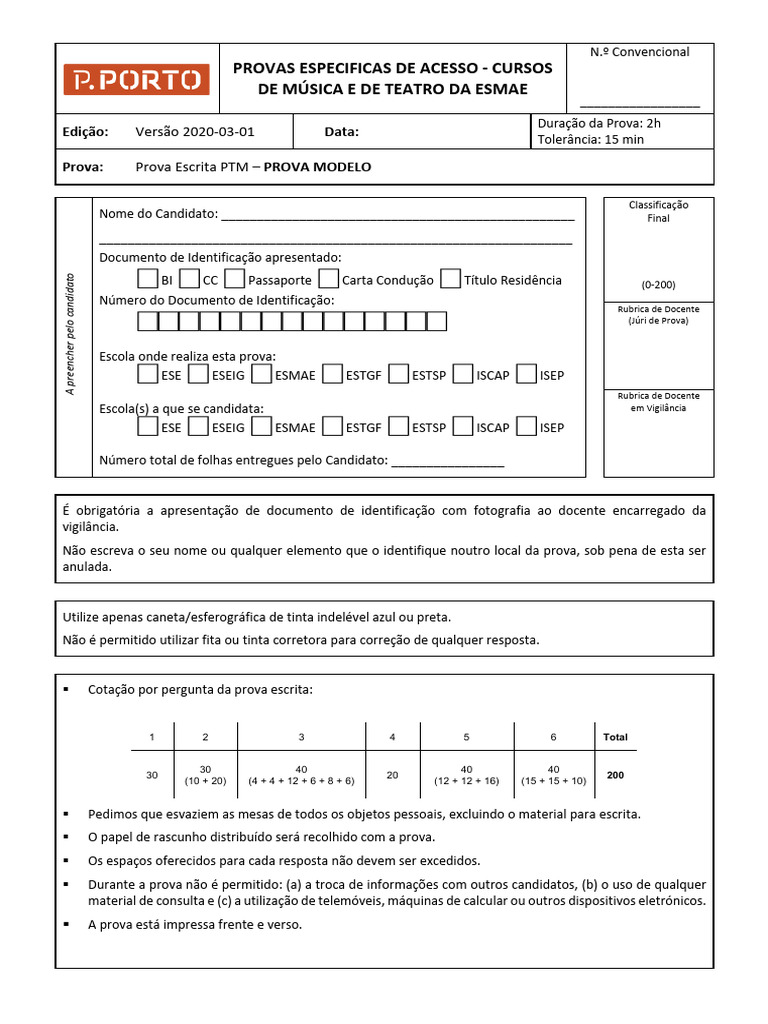 Prova Escrita - PTM - Prova Modelo Versao2020!03!01 | PDF | Sinfonia | Período clássico (música)