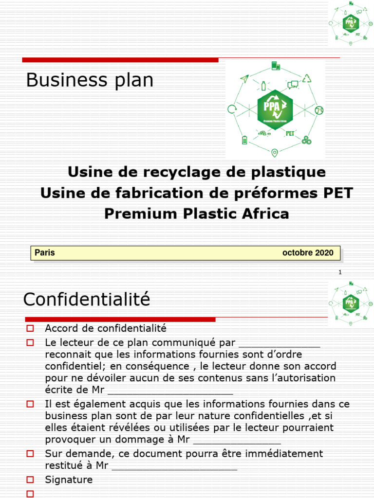 Business Plan Usine Recyclage PET | PDF | Plan d'affaires | Recyclage