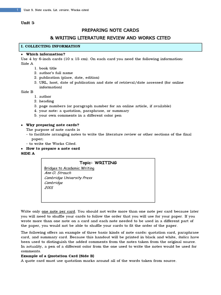 Unit 5, Preparing Note Cards, Writing Literature Review.. | PDF ...