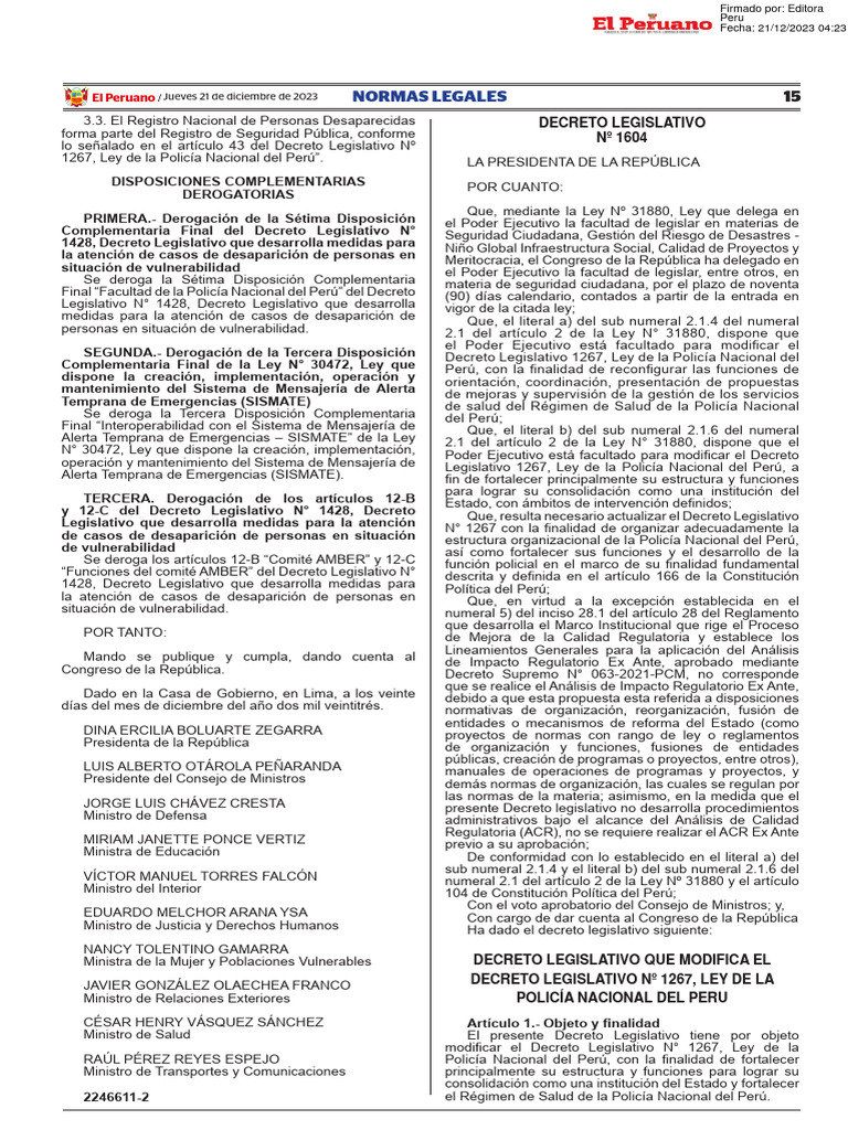 DL 1604 Modifica Ley de La PNP | PDF | Policía | Oficial general