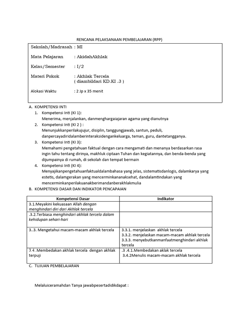 RPP K13 Akidah Akhlak Kelas Akhlak Tercela | PDF