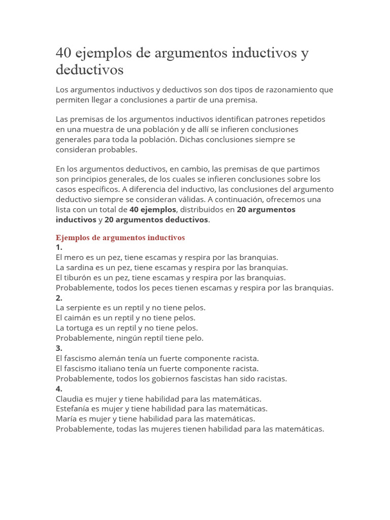40 Ejemplos de Argumentos Inductivos y Deductivos | PDF | Razonamiento deductivo | Razonamiento ...