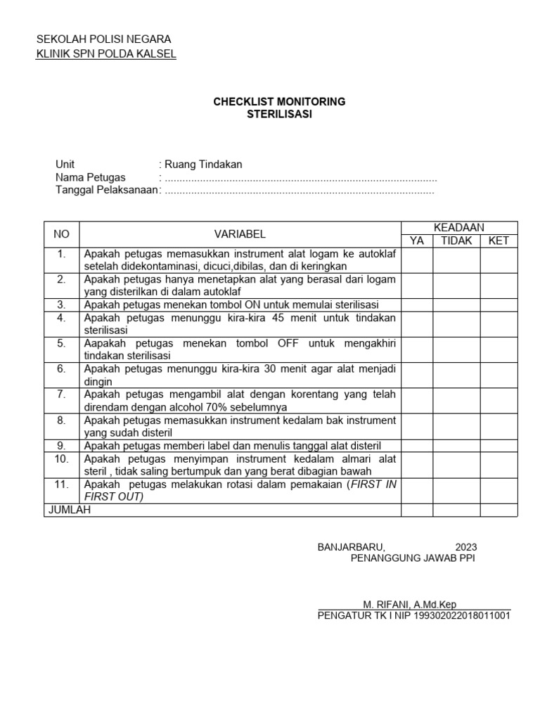 Checklist Sterilisasi Ruang Tindakan SPN | PDF