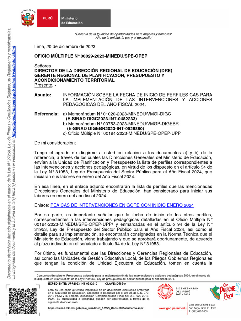 Oficio - Multiple 00029 2023 Minedu Spe Opep | PDF | Presupuesto | Gobierno