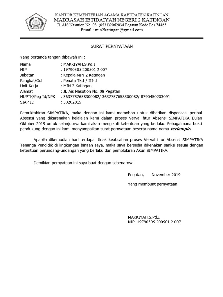 Surat Permohonan & Pernyataan Absensi | PDF