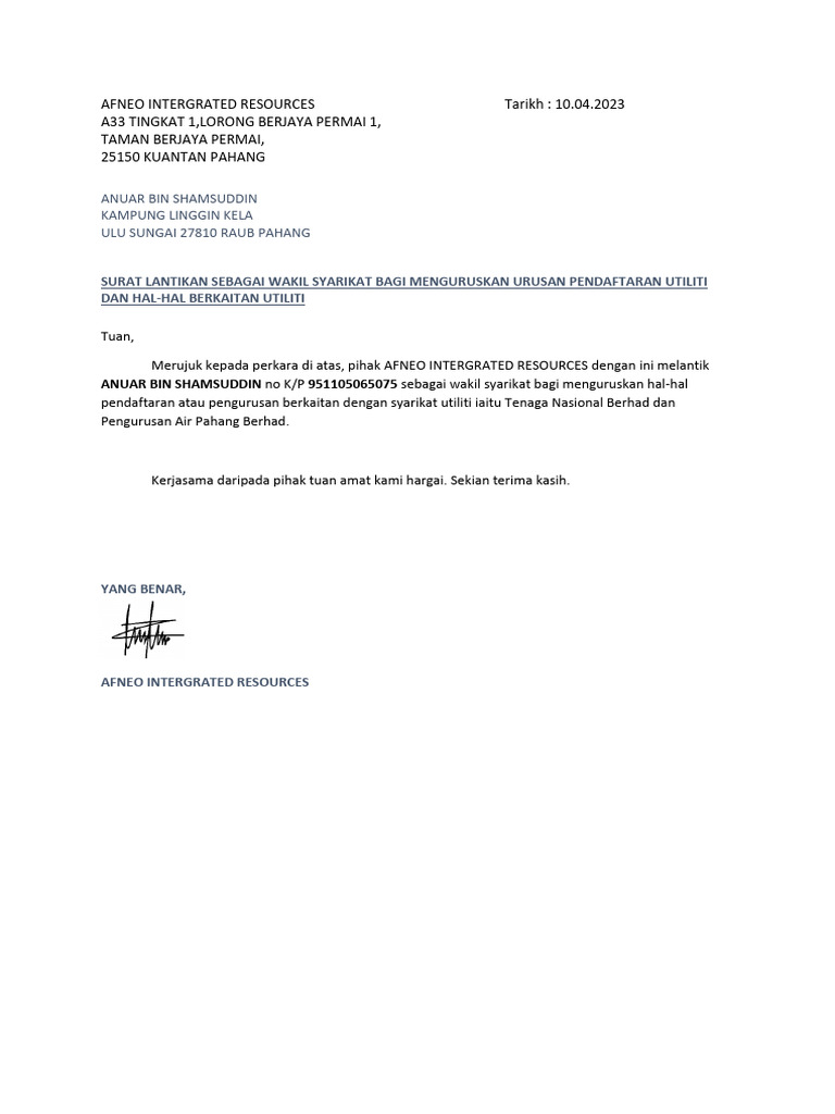 Surat Lantikan Wakil Syarikat Anuar | PDF
