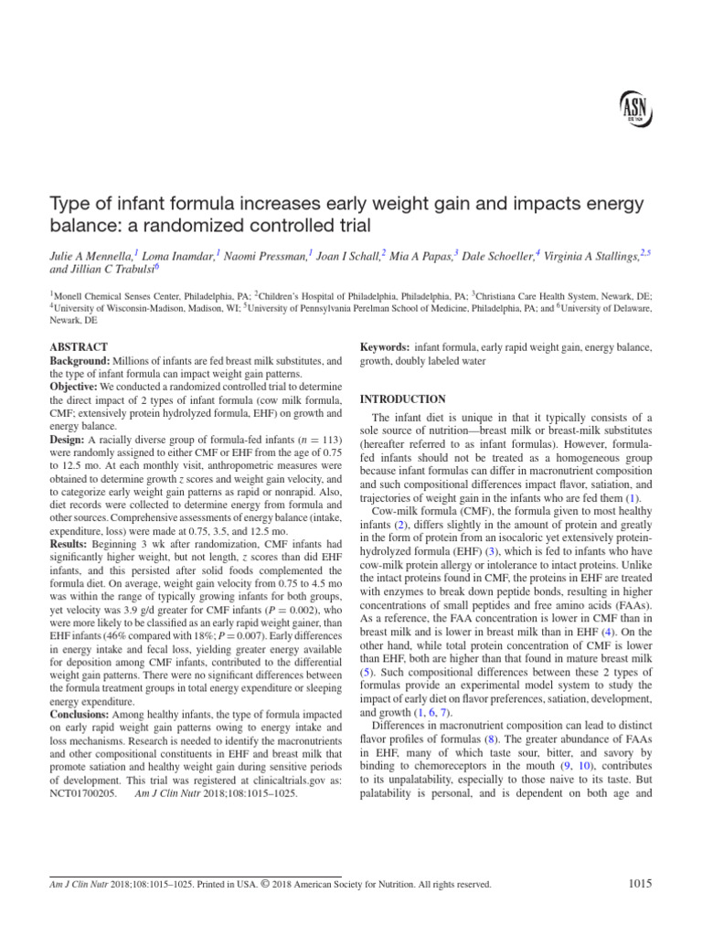 Type of Infant Formula in Weight and Length Differences | PDF | Taste ...