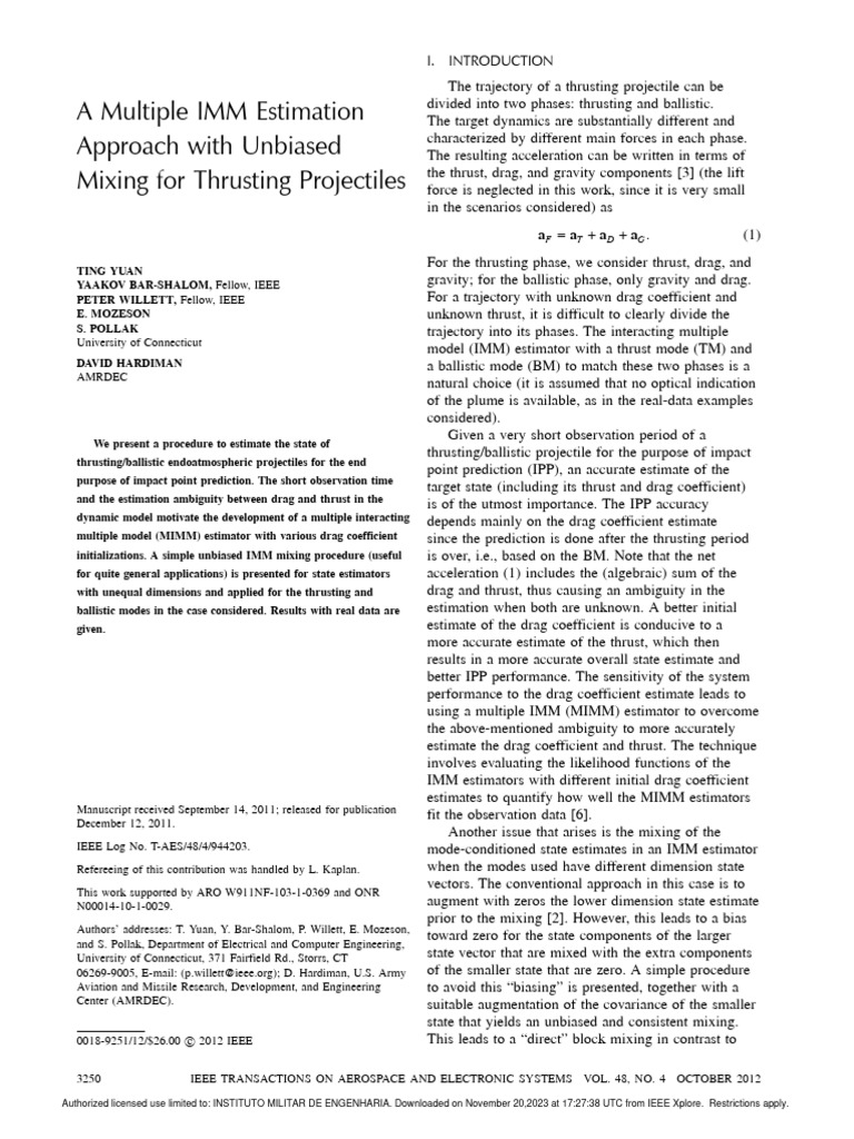 A Multiple IMM Estimation Approach With Unbiased Mixing For Thrusting Projectiles-3 | PDF | Bias ...