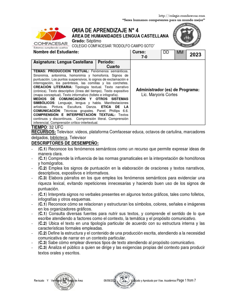 GUIA SÃ PTIMO GRADO CASTELLANO 4to PERIODO | PDF | Puntuación | Comunicación