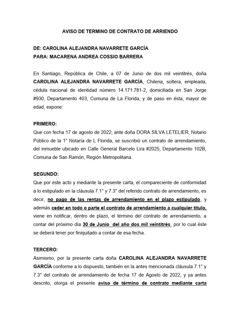 Modelo de Aviso Termino de Contrato de Arriendo | PDF