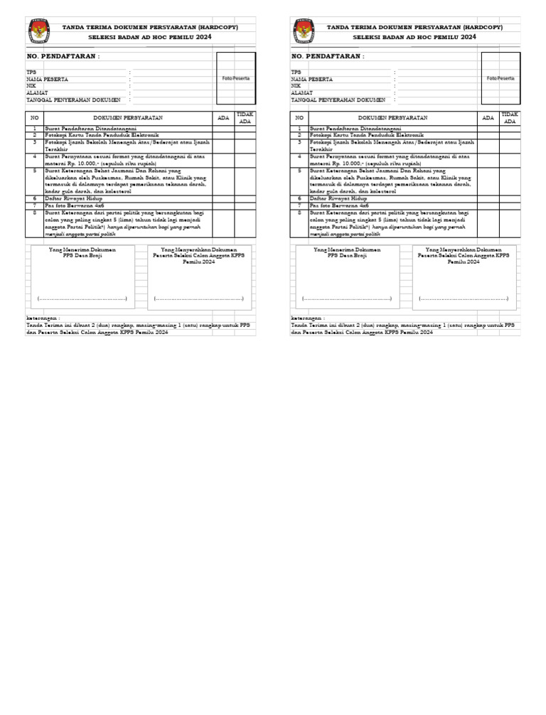 Tanda Terima Berkas Pendaftaran Kpps Braji | PDF