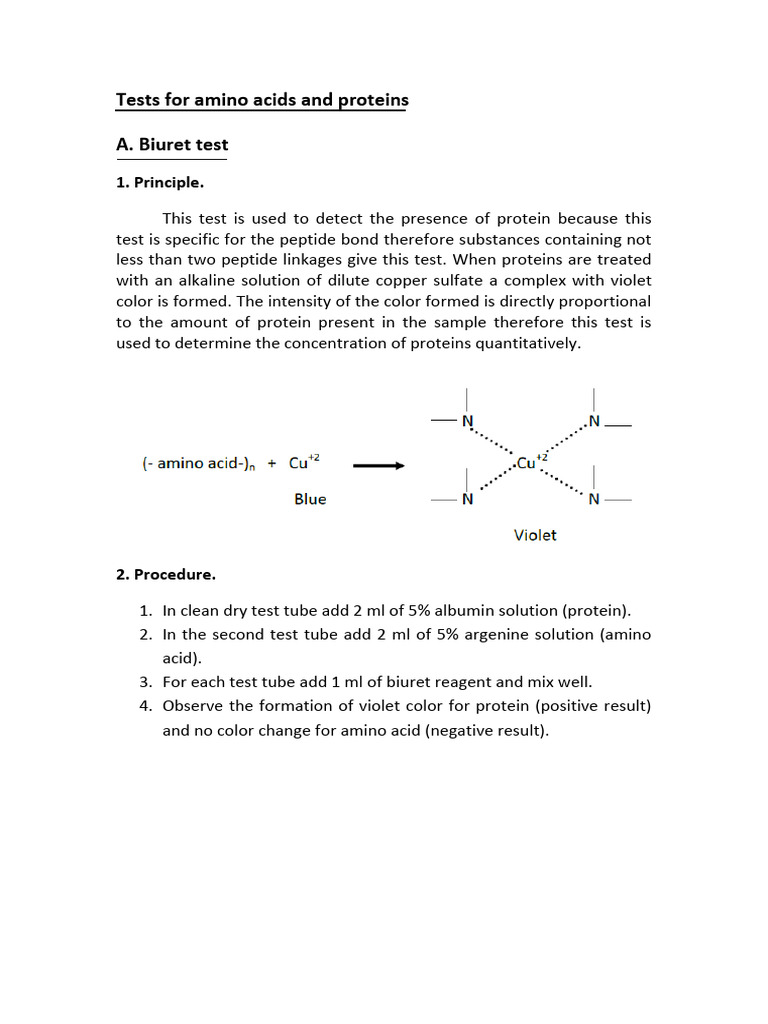Tests For Amino Acids and Proteins A. Biuret Test: 1. Principle | PDF ...