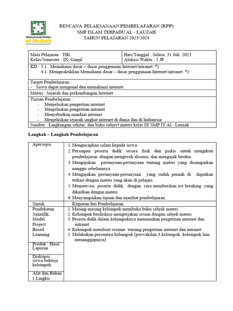 TIK Kelas 9 RPP Tahun Pelajaran 2023-2024 | PDF | Sains & Matematika