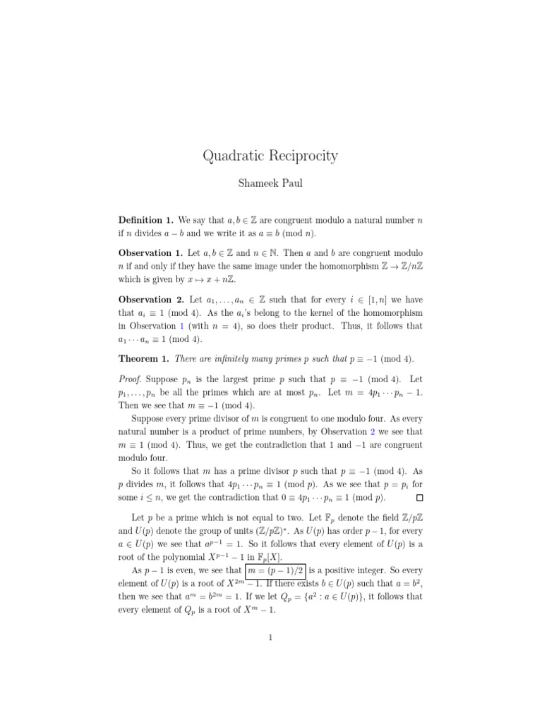 Quadratic Reciprocity Pdf Prime Number Arithmetic
