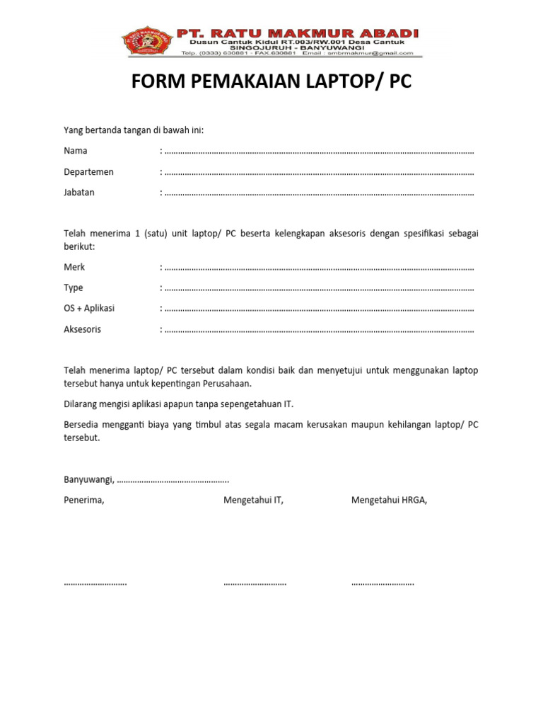 Form Pemakaian Laptop | PDF