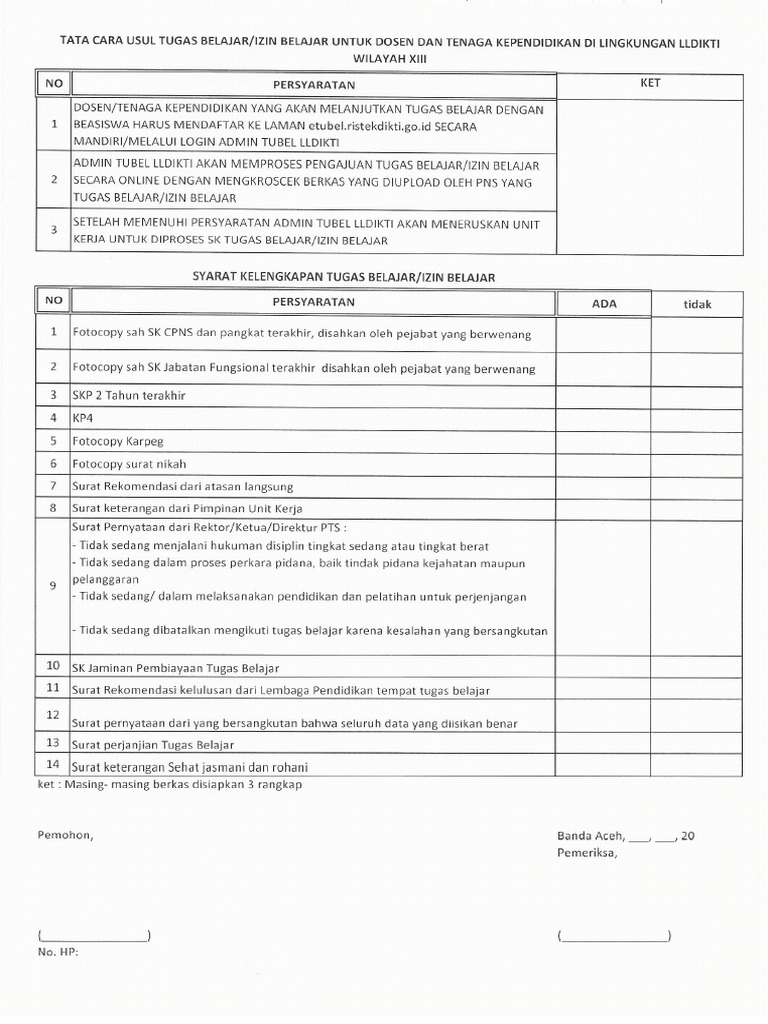Cek List Syarat Usul Tugas Belajar Untuk Dosen Dan Tenaga Kependidikan | PDF