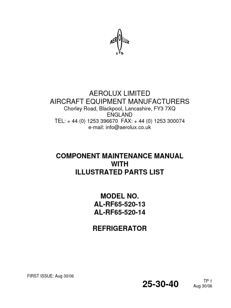 Aerolux Limited Aircraft Equipment Manufacturers: Component Maintenance Manual With Illustrated ...