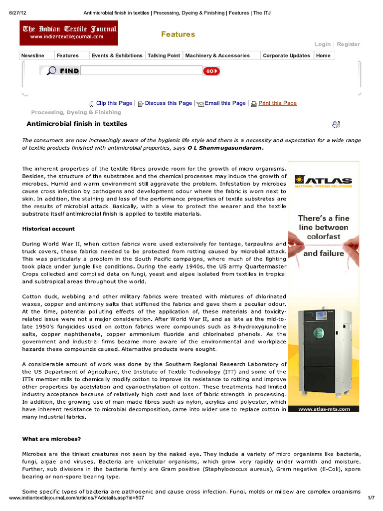 Print - Antimicrobial Finish in Textiles - Processing, Dyeing & Finishing - Features - The ITJ | PDF