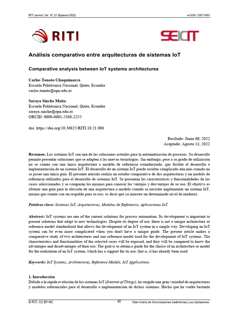 Análisis Comparativo Entre Arquitecturas de Sistemas Iot: Comparative Analysis Between Iot ...