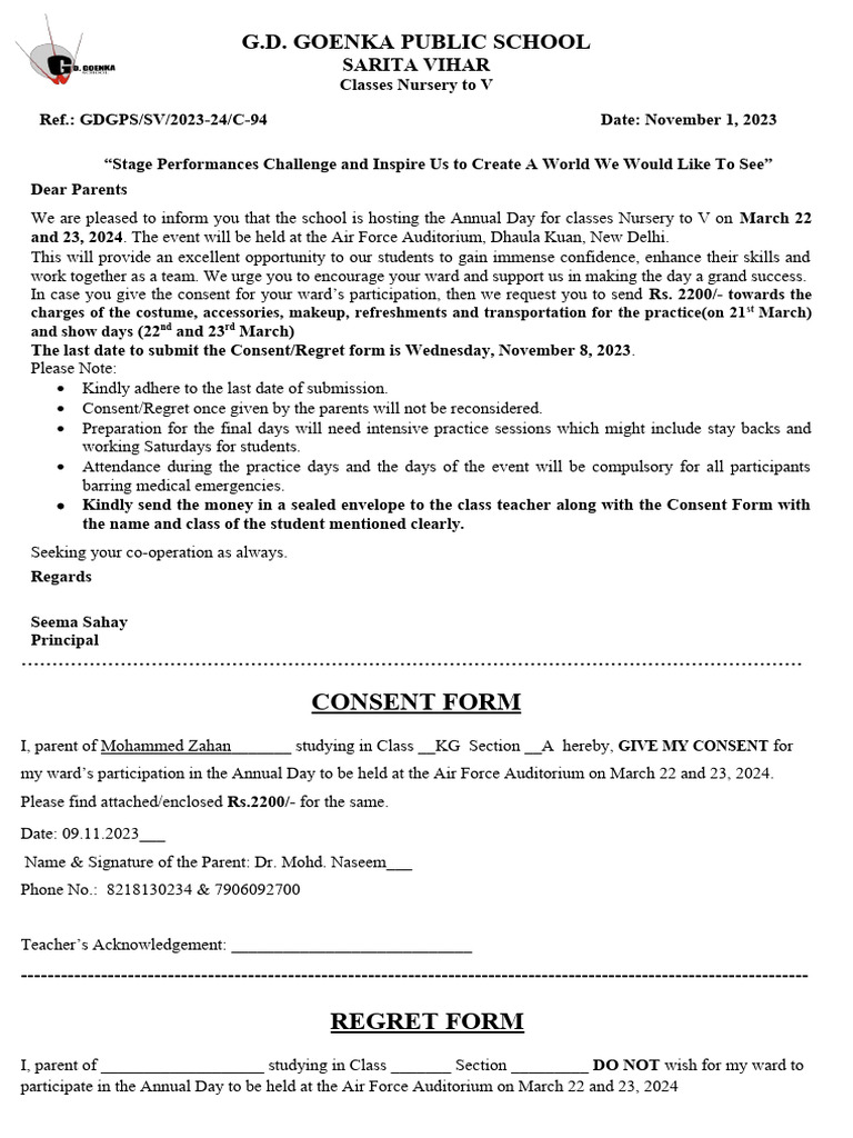 Annual Day 2023-24-Participation Consent | PDF | Career & Growth | Finance & Money Management