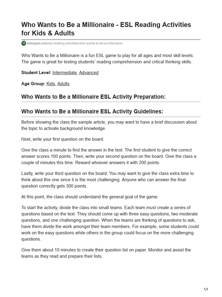 Who Wants To Be A Millionaire - ESL Reading Activities For Kids Adults ...