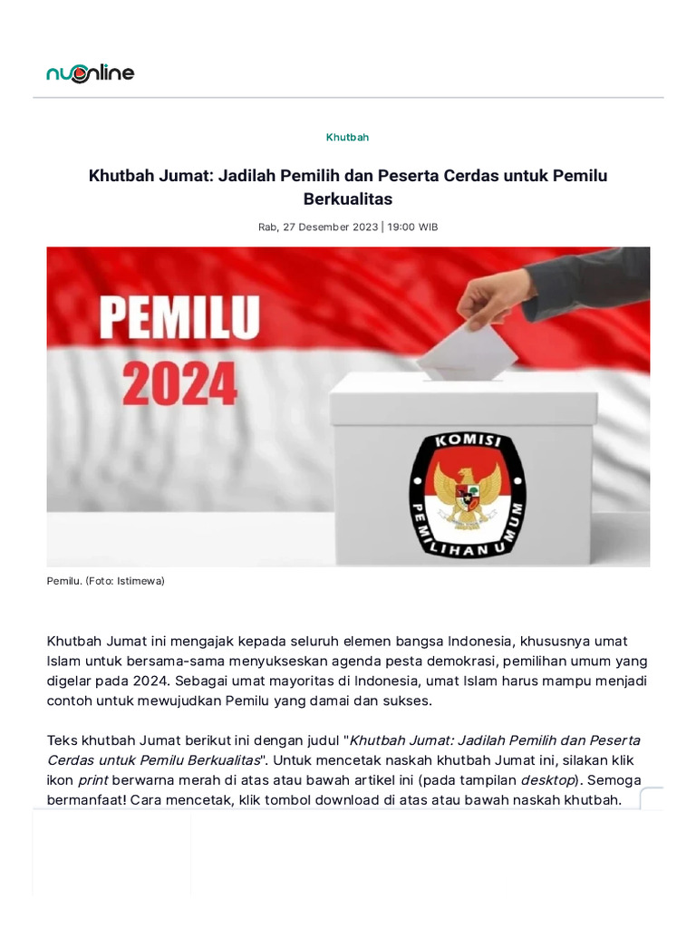 Khutbah Jumat - Jadilah Pemilih Dan Peserta Cerdas Untuk Pemilu Berkualitas | PDF