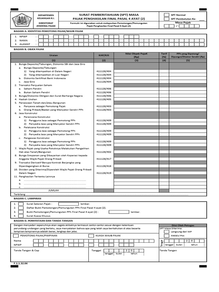 Form SPT Masa PPH Pasal 4 Ayat 2 Bukti Potong | PDF