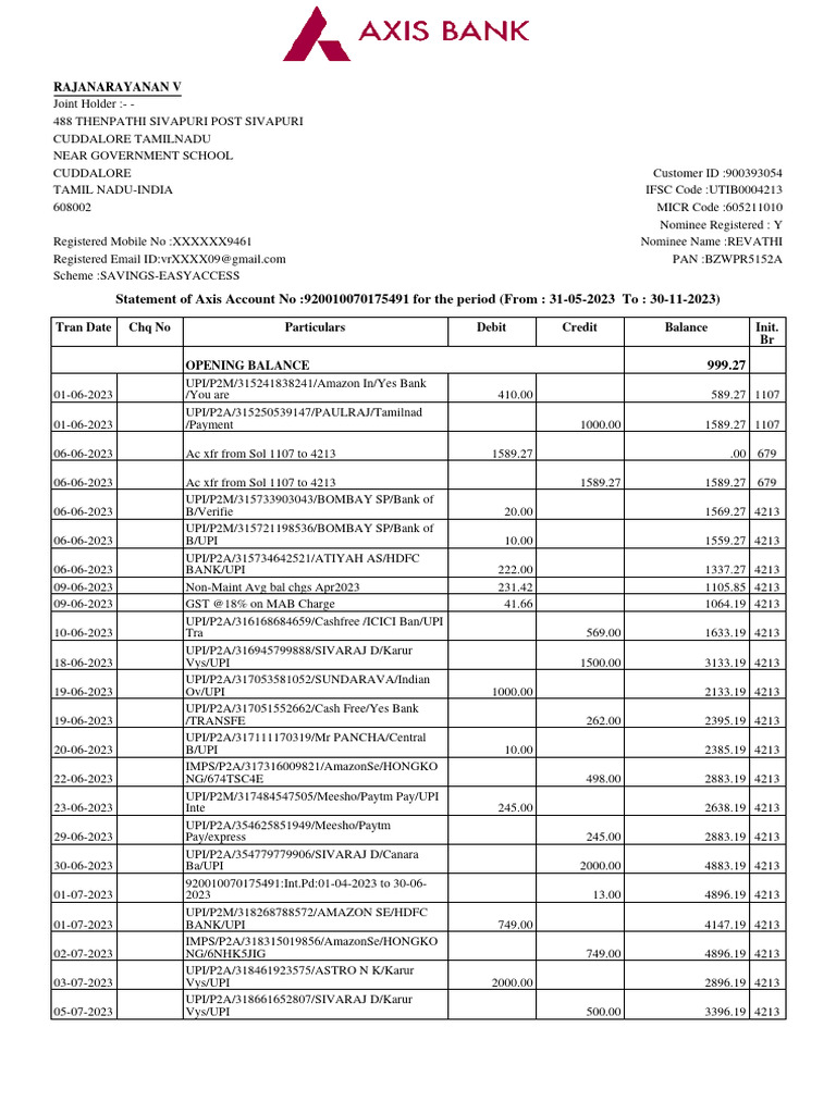 Axis Bank Statement Summary | PDF | Debit Card | Banks