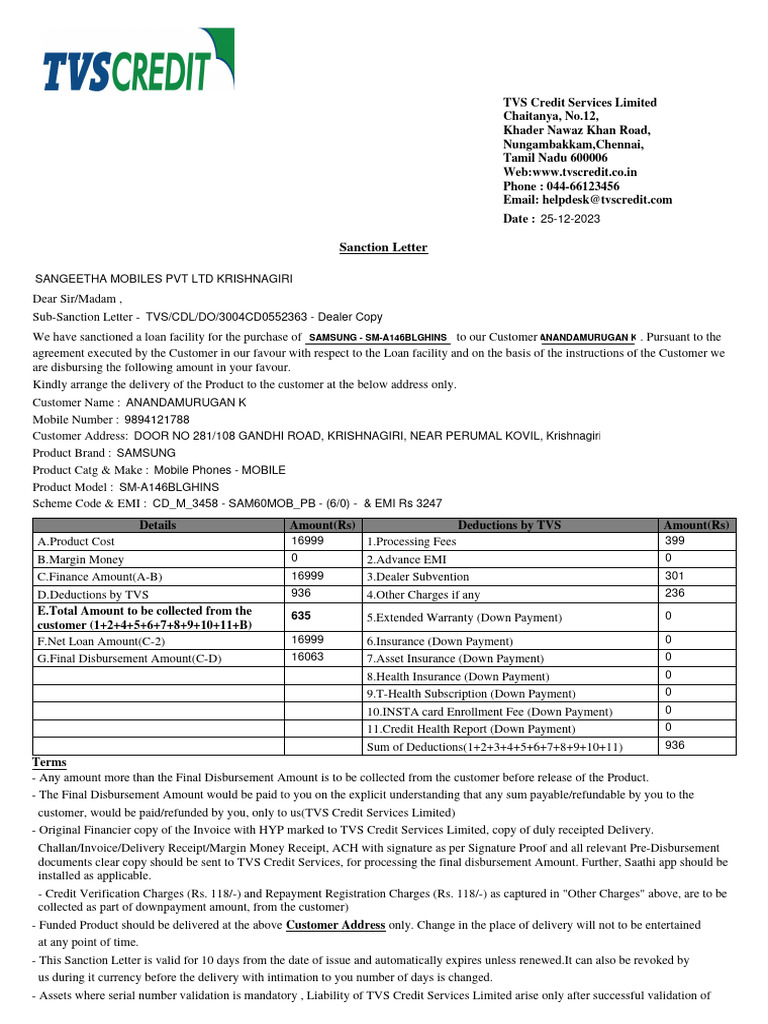 Sanction Letter | PDF | Receipt | Payments