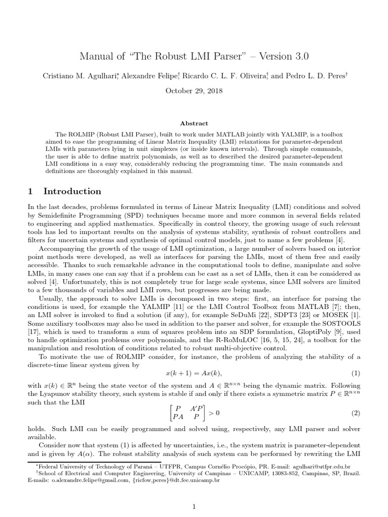 Manual of "The Robust LMI Parser" - Version 3.0 | PDF