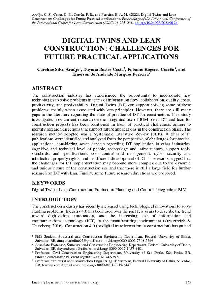 DIGITAL TWINS AND LEAN CONSTRUCTION CHALLENGES FOR FUTURE PRACTICAL ... DIGITAL TWINS AND LEAN CONSTRUCTION CHALLENGES FOR FUTURE PRACTICAL ...