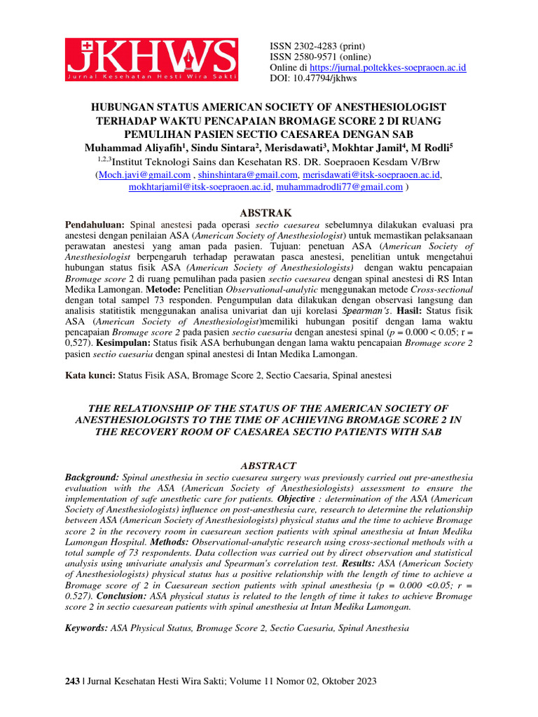 Hubungan Status Fisik American Society of Anesthes | PDF