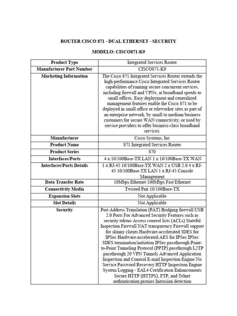 Cisco 871 Integrated Services Router | PDF | Virtual Private Network ...
