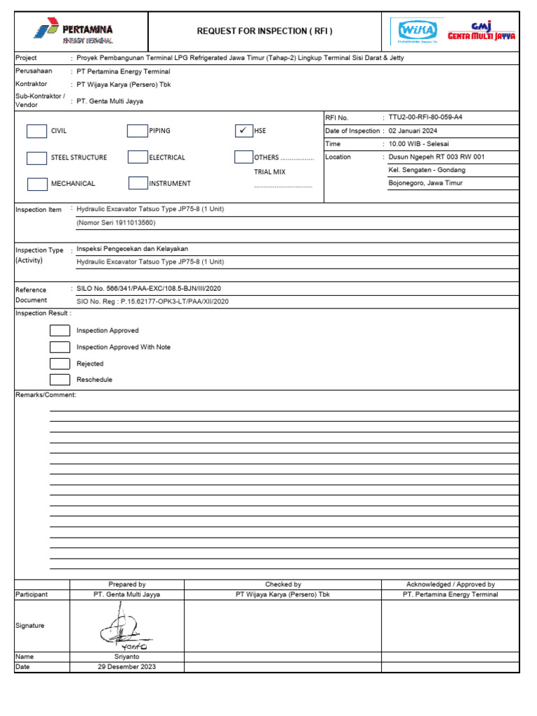RFI for Tatsuo Excavator Inspection | PDF