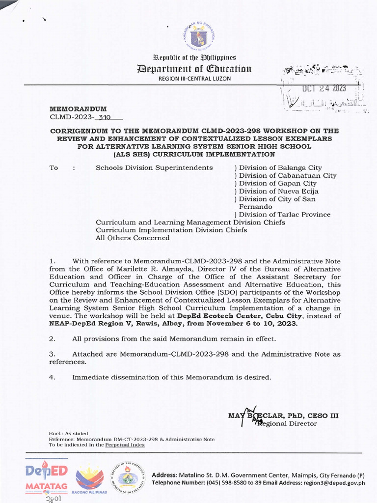 MEMORANDUM CLMD-2023-310- CORRIGENDUM TO THE MEMORANDUM CLMD-2023-298 WORKSHOP ON THE REVIEW AND ...