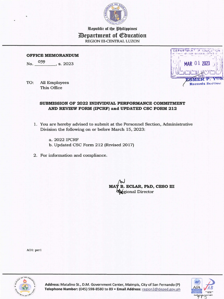 Om No. 039, s.2023 - Submission of 2022 Individual Performance Commitment and Review Form (Ipcrf ...