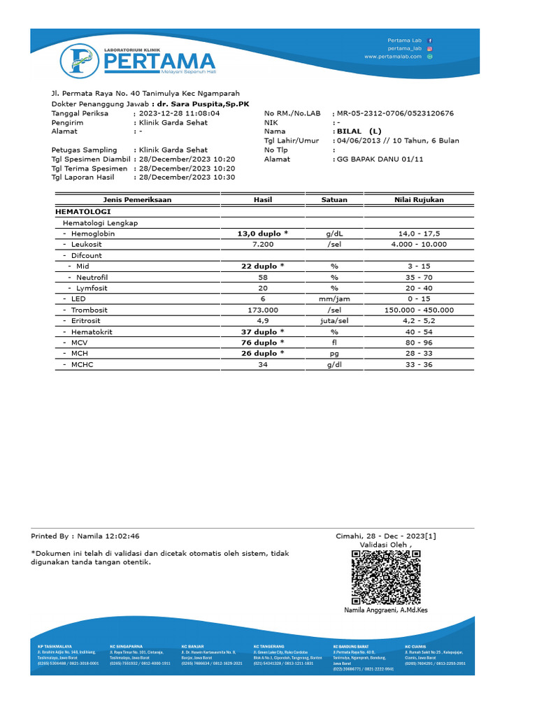Hasil Pemeriksaan Hematologi Bilal | PDF