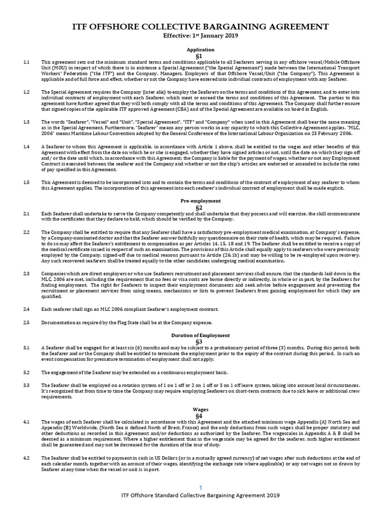ITF Offshore Standard CBA Agreement 2019 | PDF | Stevedore | Employment