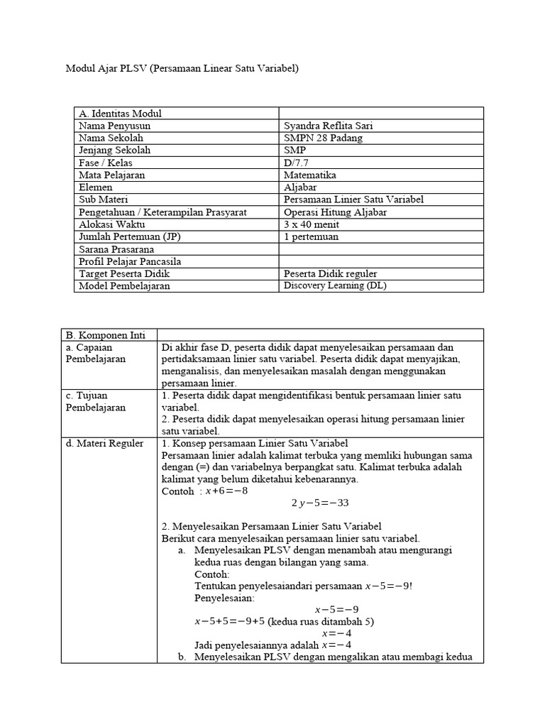Modul Ajar PLSV Punya Anda | PDF