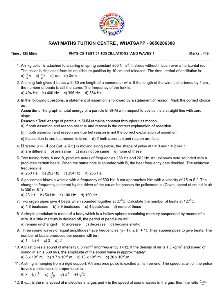 Physics Test on Waves and Oscillations | PDF