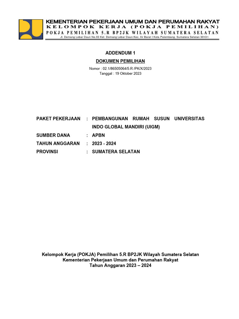 Addendum 01 MDP Pembangunan Rumah Susun UIGM 5.R | PDF