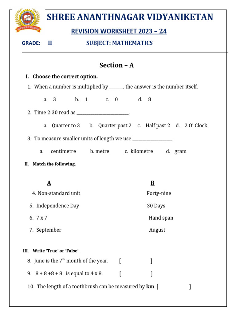 2nd STD MATHS WORKSHEET 2 | PDF
