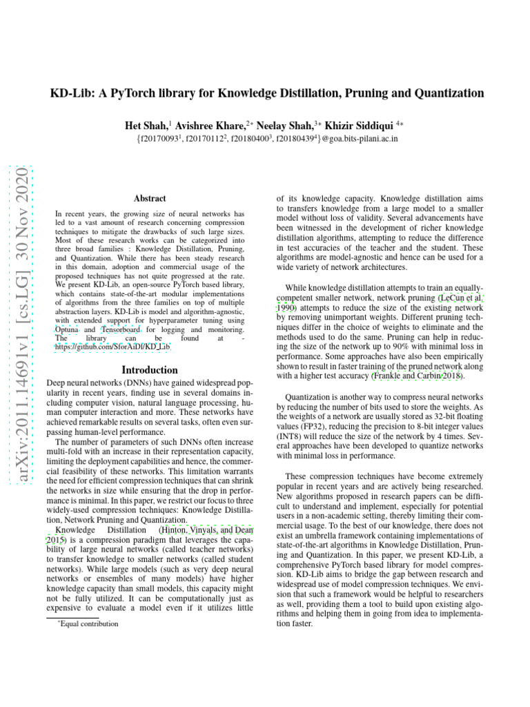 KD-Lib - A PyTorch Library For Knowledge Distillation, Pruning and Quantization | PDF | Deep ...