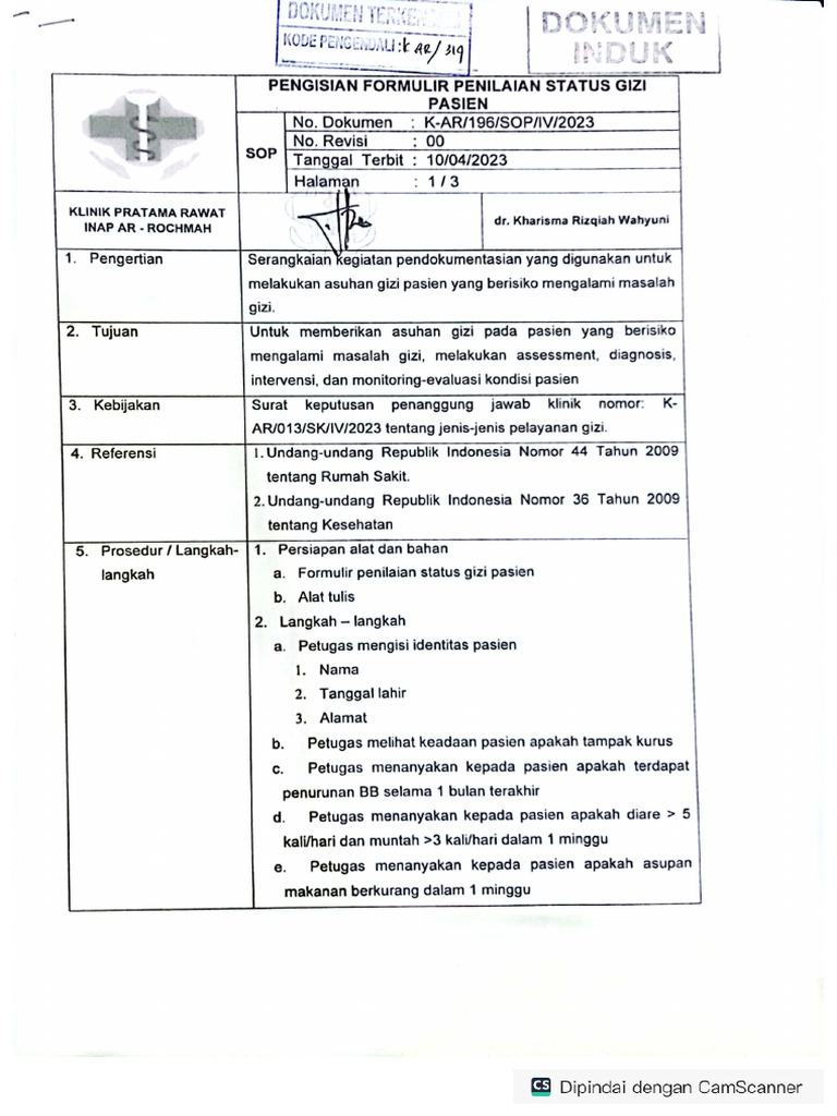 Sop Pengisian Formulir Penilaian Status Gizi Pasien | PDF