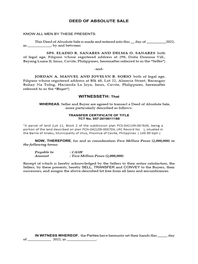 DEED OF ABSOLUTE SALE (Park Place L21B2) | PDF