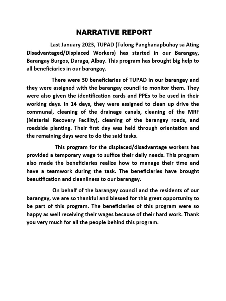 Narrative Report (Tupad) | PDF