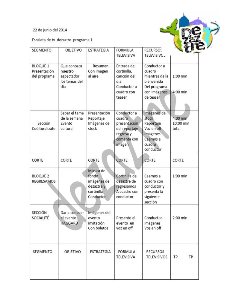 Escaleta TV Ejemplo/ Machote | PDF