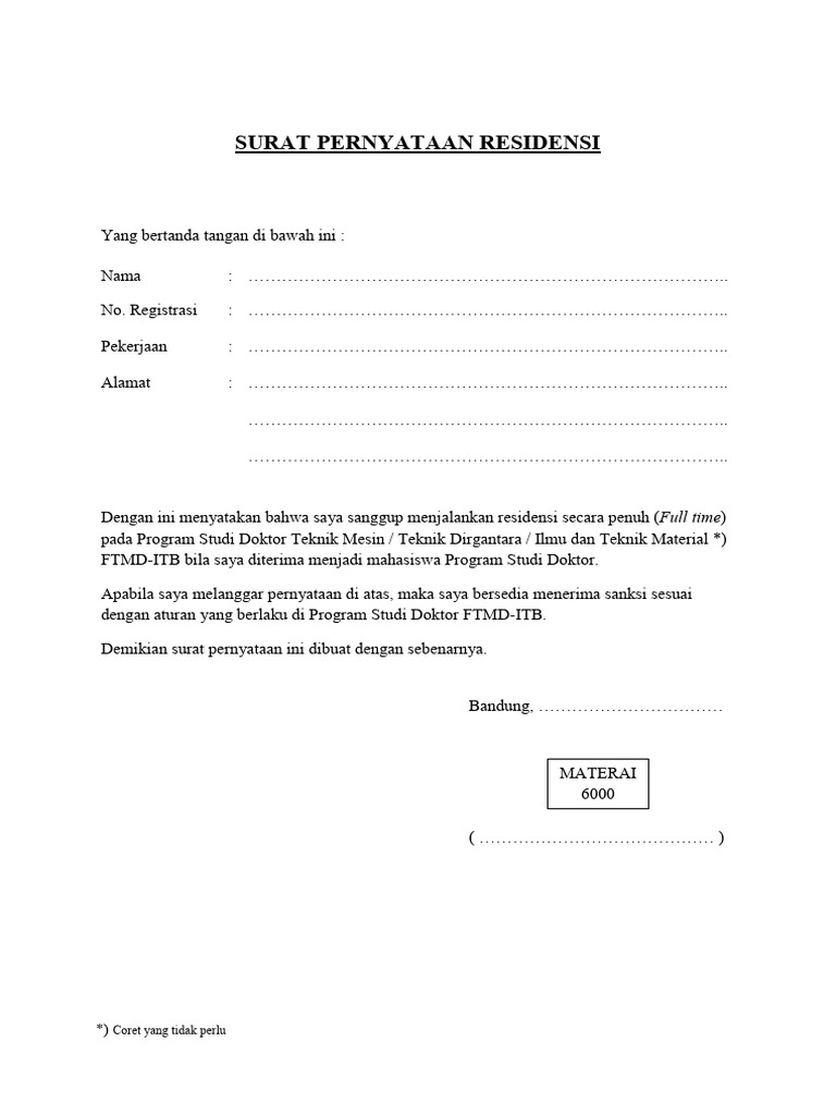 Form Surat Pernyataan Residensi | PDF